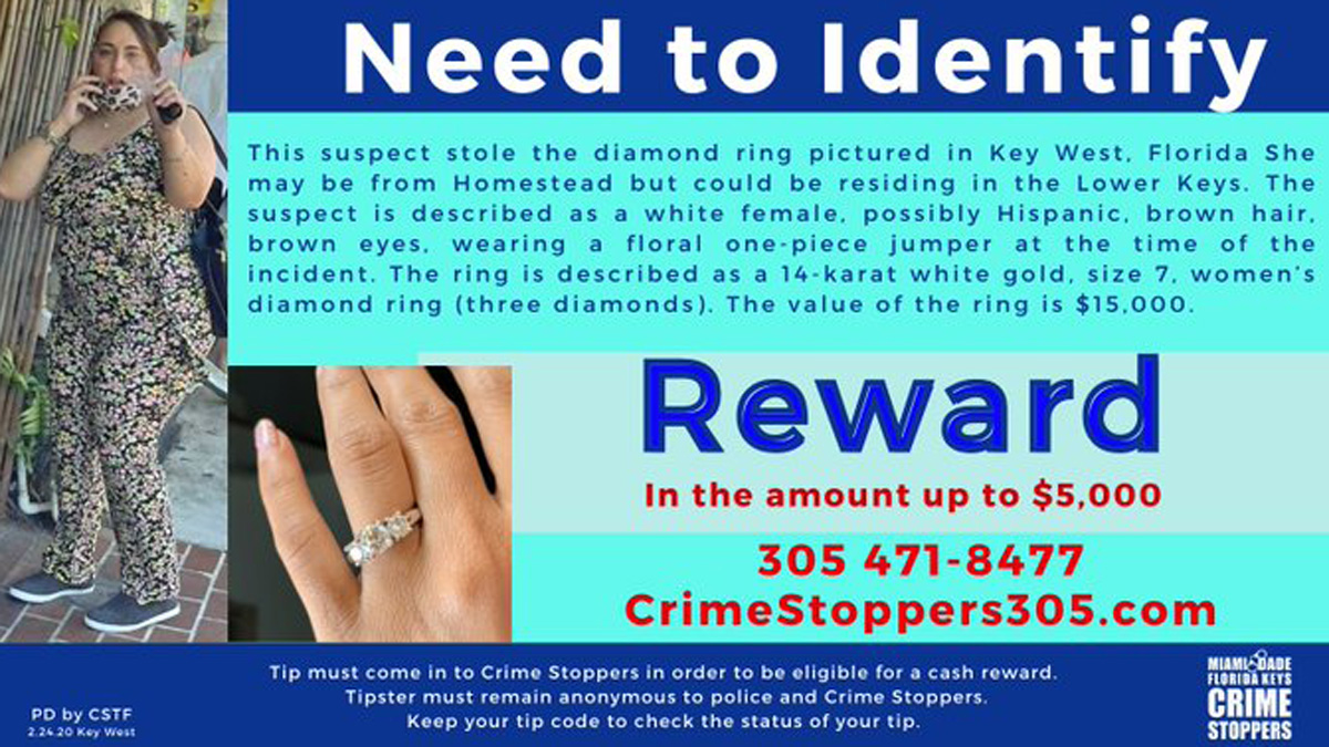 Woman Wanted in $15,000 Diamond Ring Theft in Key West: Authorities ...