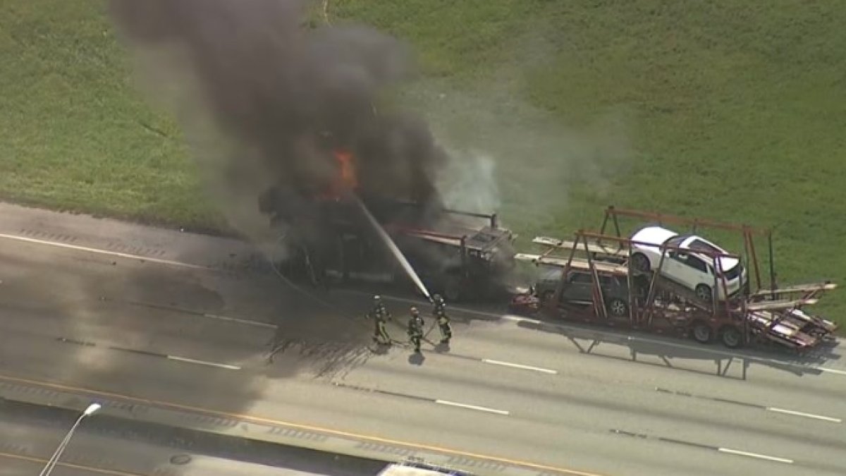 Firefighters battle blaze on car carrier trailer on Turnpike in ...