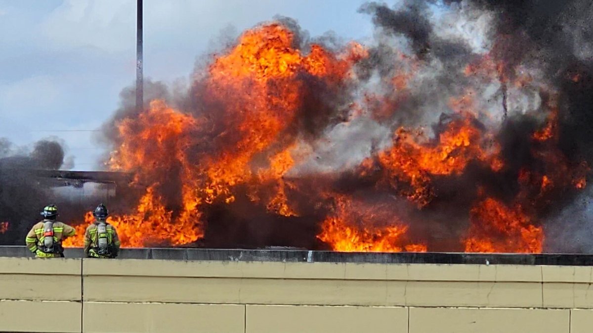 1 hospitalized after tanker goes up in flames after colliding with bus ...