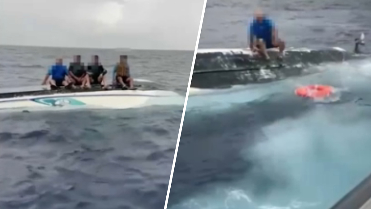 Video shows rescue of group found sitting on overturned boat 7 miles ...