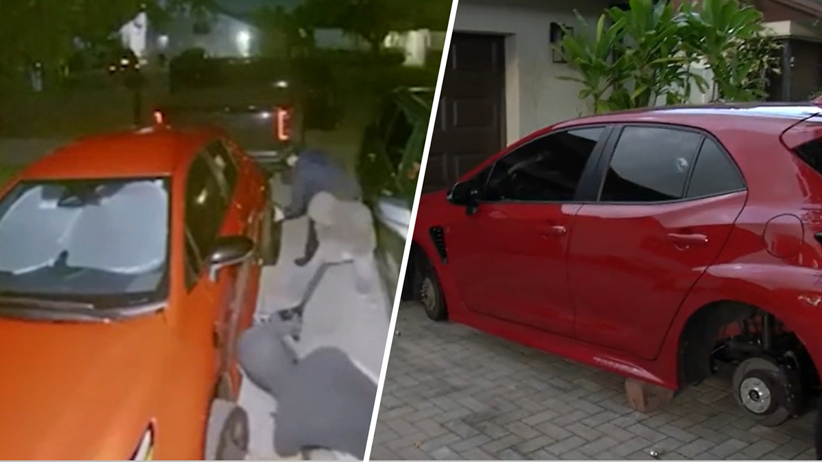 Video shows thieves stealing tires off car at SW Miami-Dade home – NBC ...